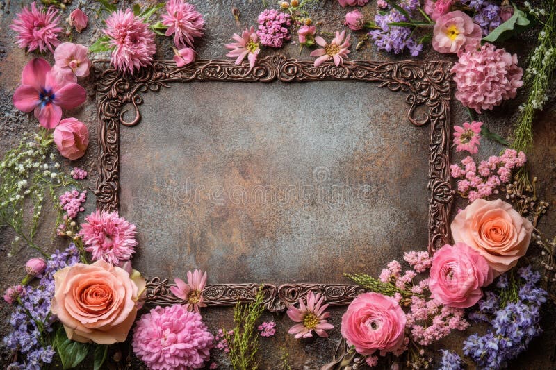 A Decorative Frame Adorned with Vibrant Flowers Encircles a Central ...