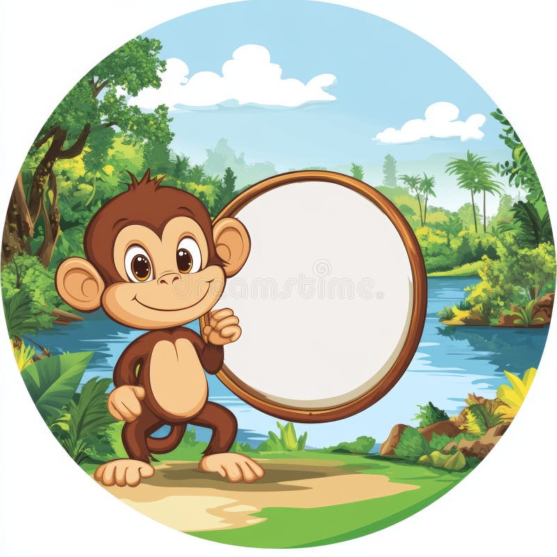 Decorative Frame with Cute Monkey Holding Wooden Sign by the Lake Stock ...