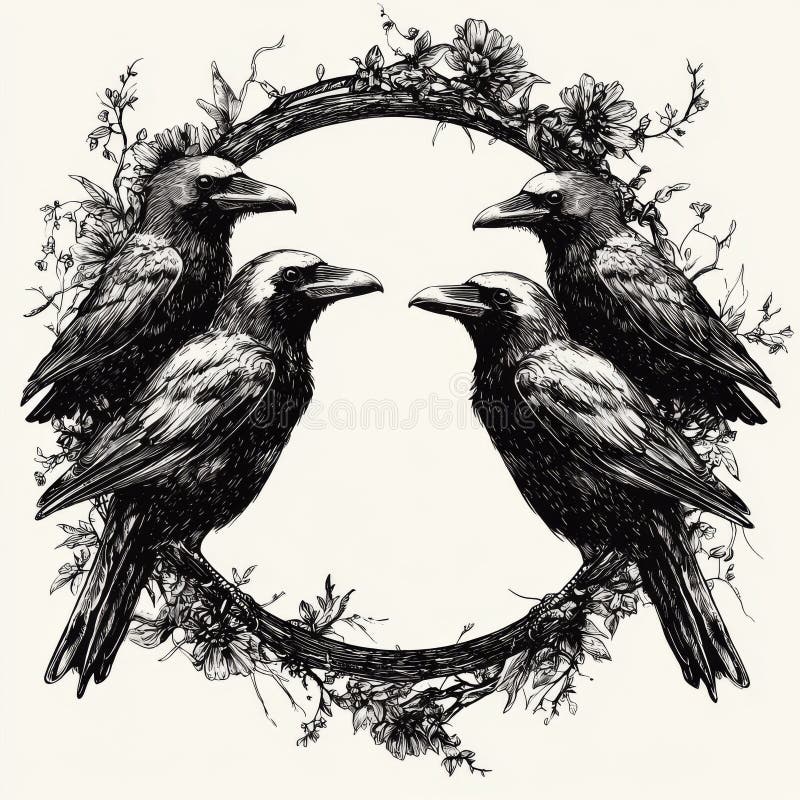 A Decorative Frame Encasing Three Crows Perched on Branches Stock Image ... A Decorative Frame Encasing Three Crows Perched on Branches Stock Image ...