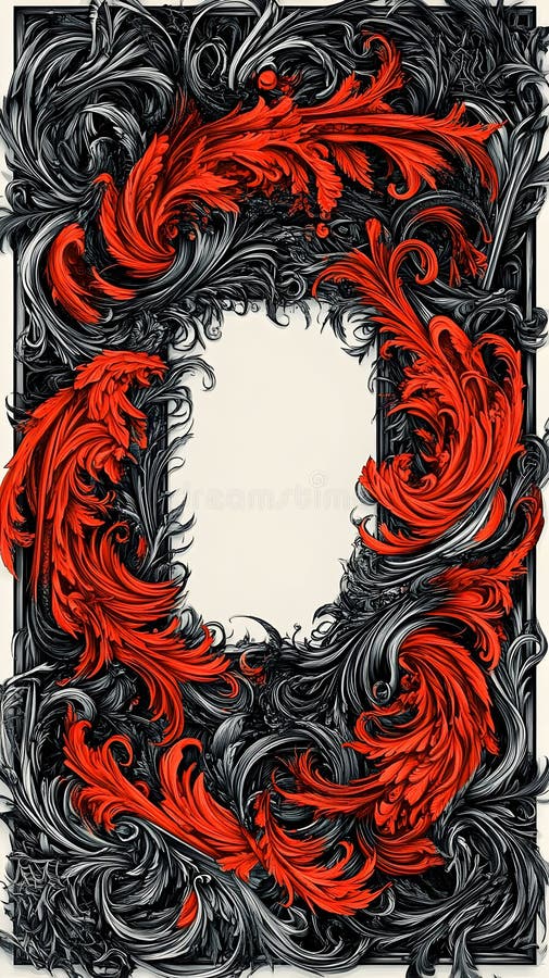 A Decorative Frame Featuring Intricate Red and Black Swirling Designs ...