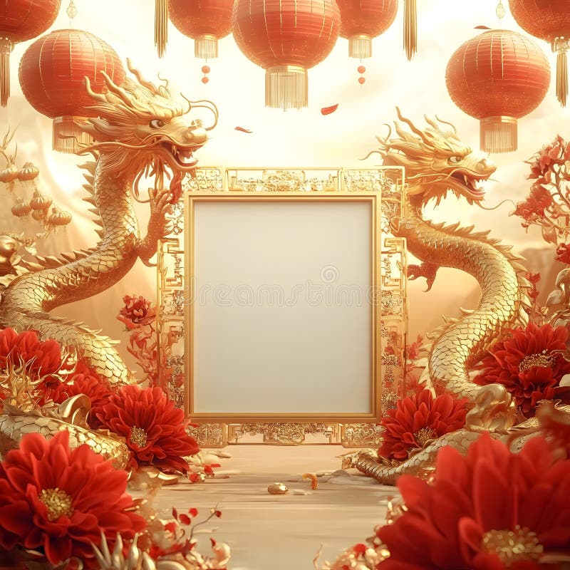A Decorative Frame with Golden Dragons and Red Flowers, Ideal for ...