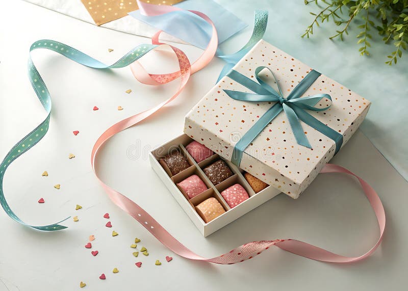 Decorative Gift Box with Assorted Chocolates and Ribbons on Display ...
