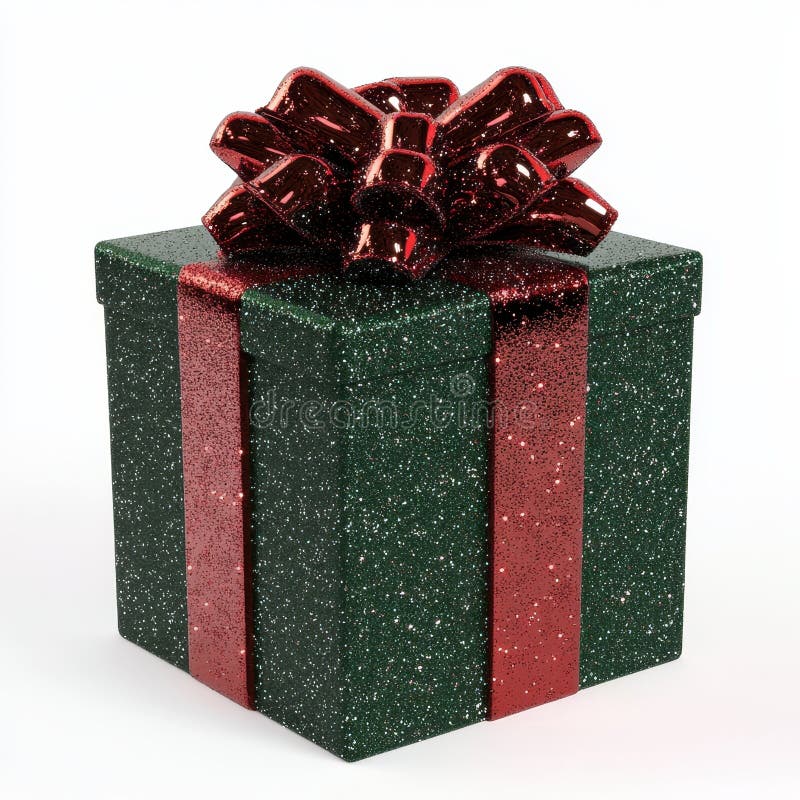A Decorative Gift Box with a Shiny Red Bow and Green Glittery Design ...