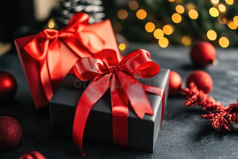A Decorative Gift Box Wrapped in a Bright Red Ribbon Stock Image ...