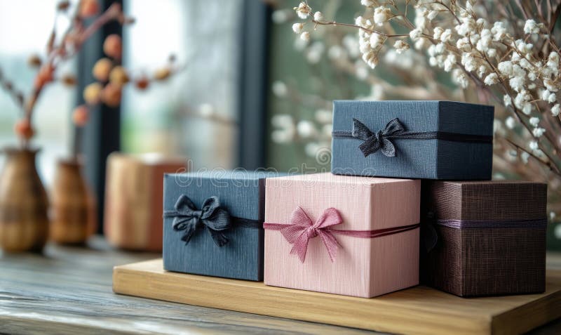Decorative Gift Boxes Arranged Aesthetically, Featuring Various Colors ...