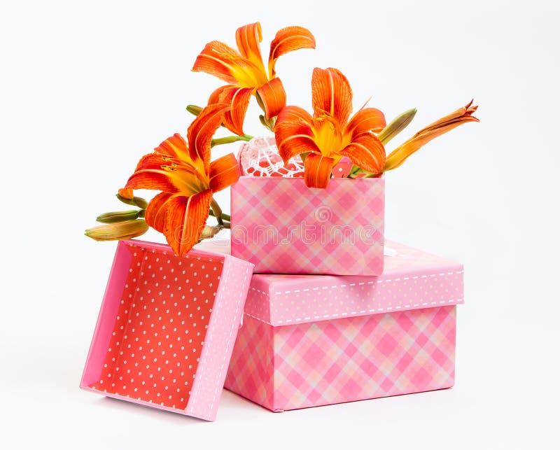 Decorative Gift Boxes with Orange Lily Flowers Stock Photo - Image of ...