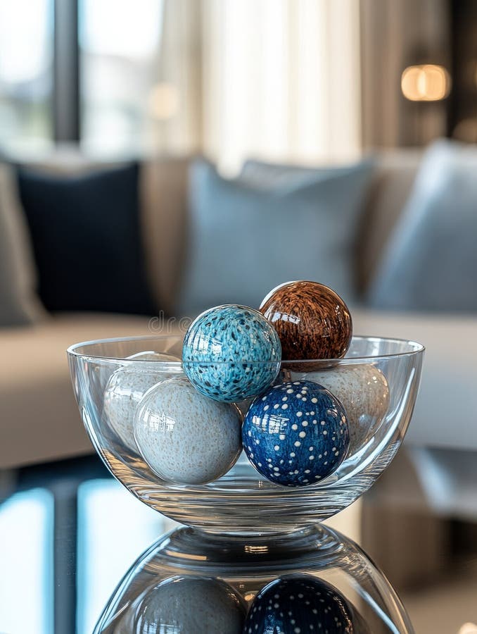 Decorative Glass Bowl with Colorful Spheres on a Table. Stock Photo ...