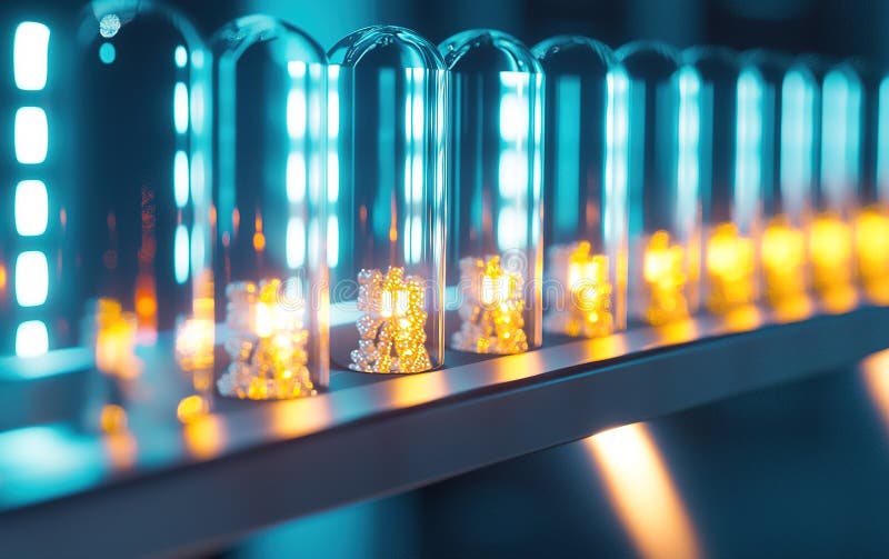 Decorative Glowing Tubes on a Display Shelf Featuring Bright Lights and ...