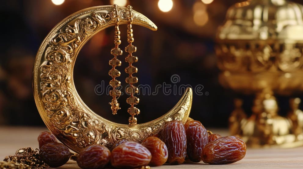 A Decorative Gold Crescent Moon Shape with Beads and Written Dates on a ...