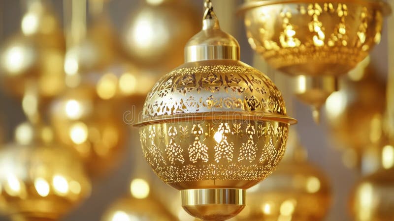 A Decorative Gold Lamp Suspended from a High Ceiling Stock Video ...