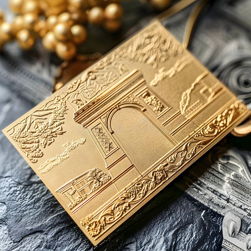 A Decorative Gold Plaque Featuring an Arch and Intricate Designs Stock ...