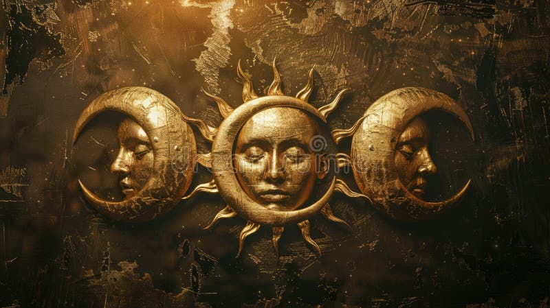 Decorative Gold Sun and Moon Faces on a Wall. Perfect for Interior ...