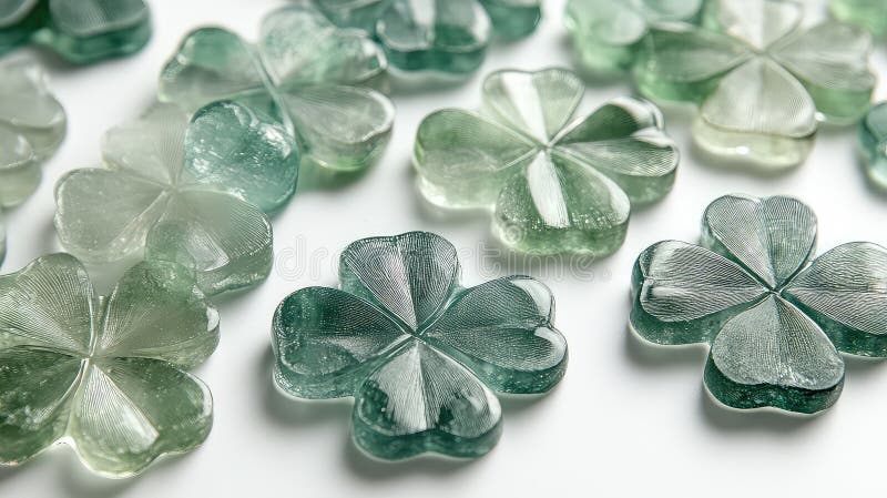 Decorative Green and Clear Resin Clover Shapes on White Surface - High-Resolution Image for ...