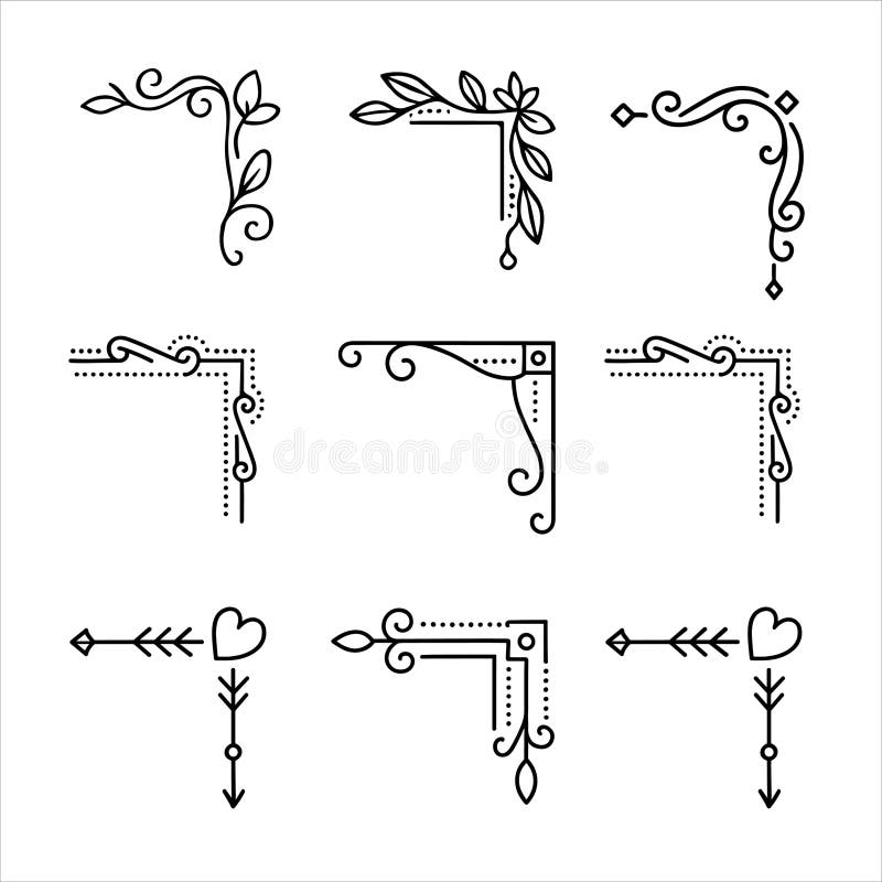 Decorative Hand-Drawn Corner Elements with Flowers and Arrows Stock ...