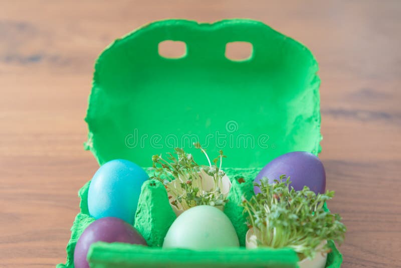 Decorative Handmade Easter Egg Present Box with Eggs and Cress Stock ...