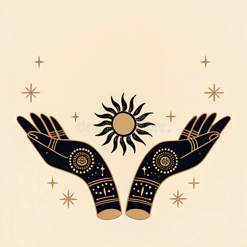 Decorative Hands Offering Sun with Celestial Symbols Stock Photo ...
