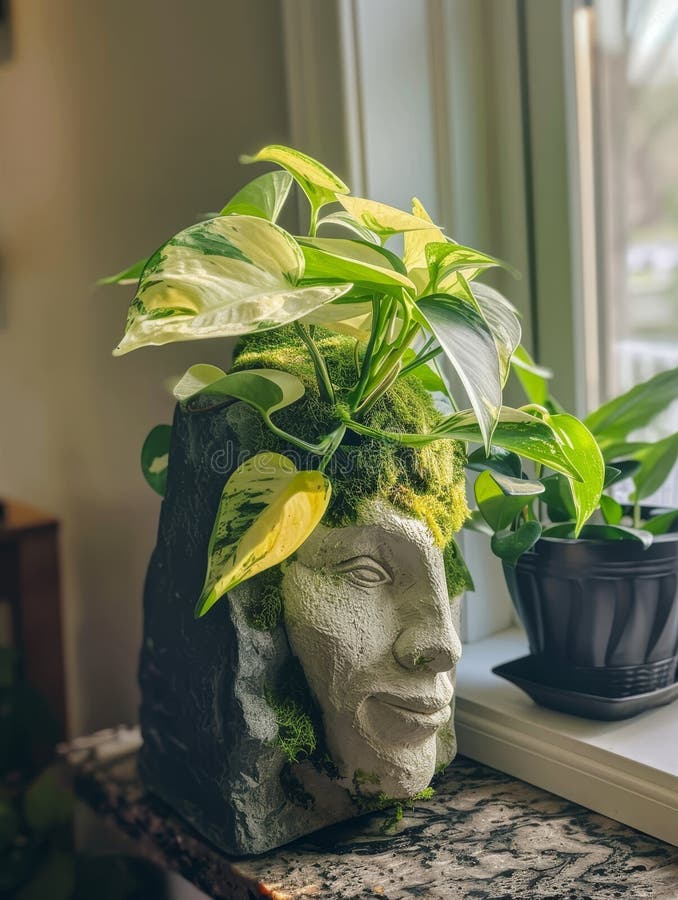 Decorative Head Planter with Lush Green Plant on a Sunny Windowsill ...