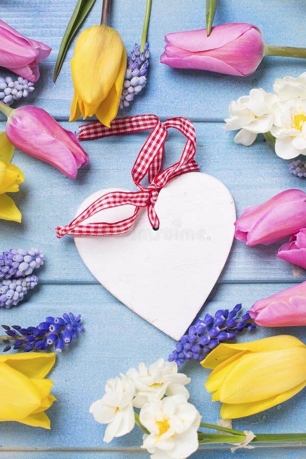 Decorative Heart and Bright Spring Flowers Stock Image - Image of ...