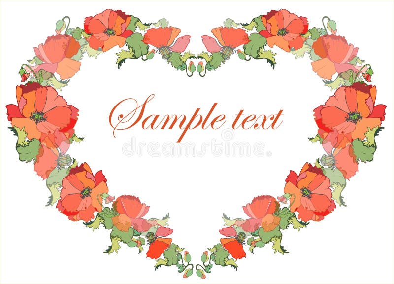 Poppy Heart. Red Flowers and Green Leaves on Heart Shape Isolated on ...