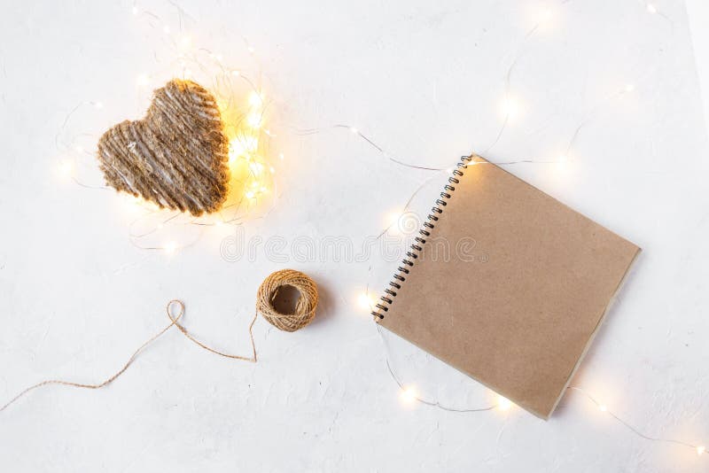 Decorative Heart in Rustic Style, Notepad, Lights on a White Background ...