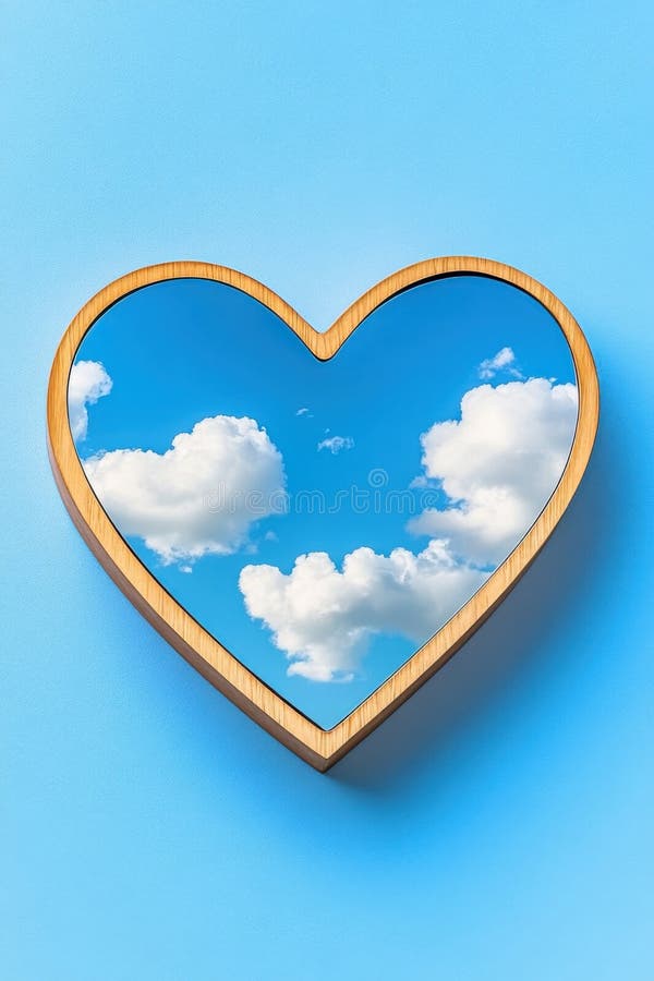 Decorative Heart-shaped Mirror Reflecting Blue Sky and Fluffy Clouds ...