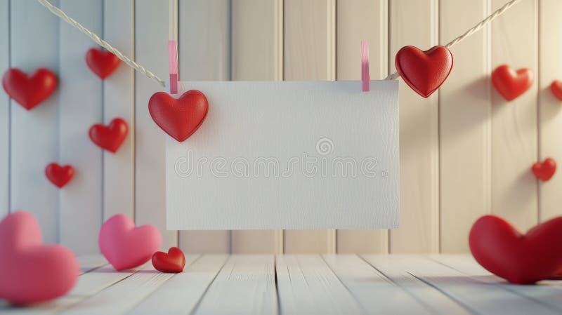 Decorative Hearts and Blank Card Hanging on a String in a Cozy Setting ...