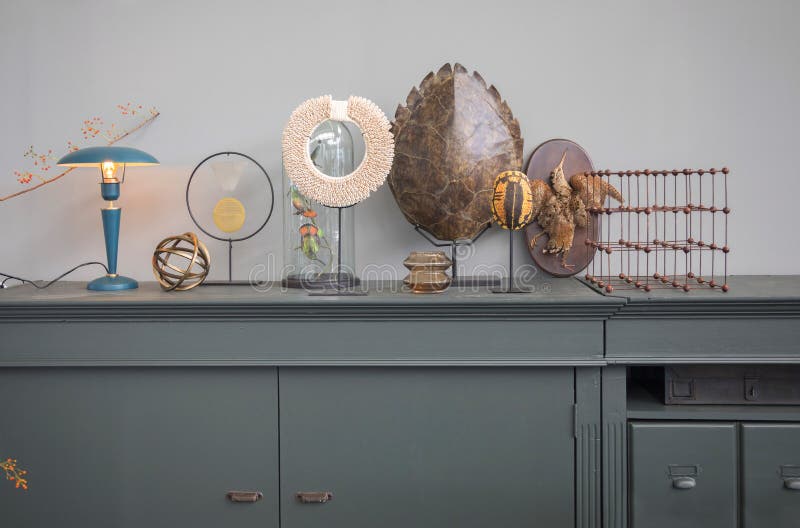 Home Objects on Shelf in Retro Interior Stock Photo - Image of desk ...