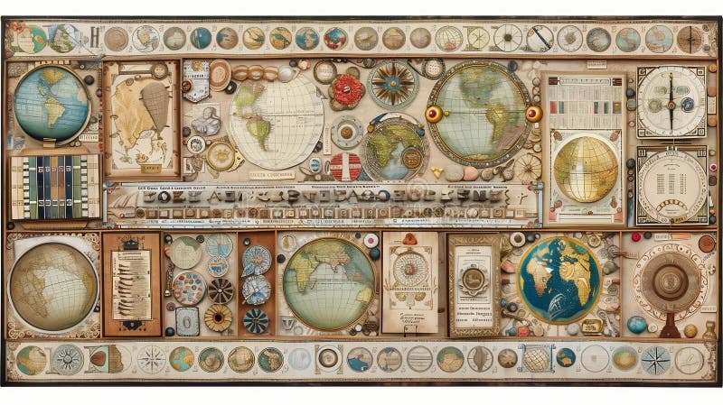 Decorative Horizontal Border Made of Various Globes and Maps, Arranged ...