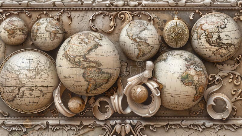 Decorative Horizontal Border Made of Various Globes and Maps, Arranged Neatly with Different ...