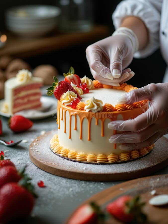 Decorative Icing Being Applied on a White Cake with Red and Orange ...