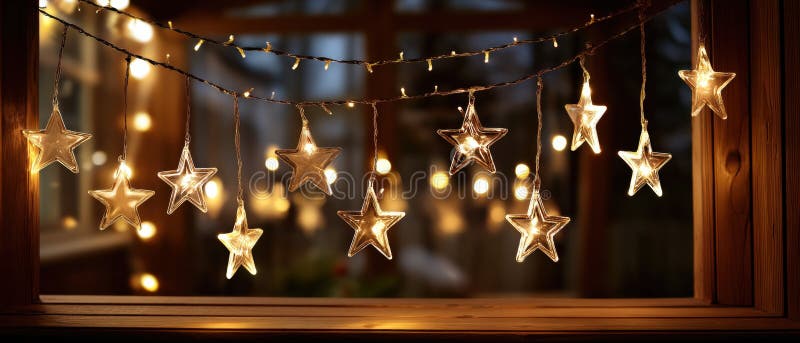 Decorative Illuminated Star-shaped Lights Hanging in a Window at Night ...