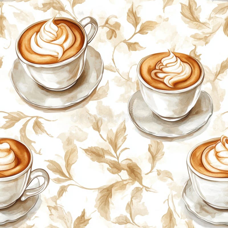 A Decorative Illustration Featuring Four Cups of Coffee Topped with ...