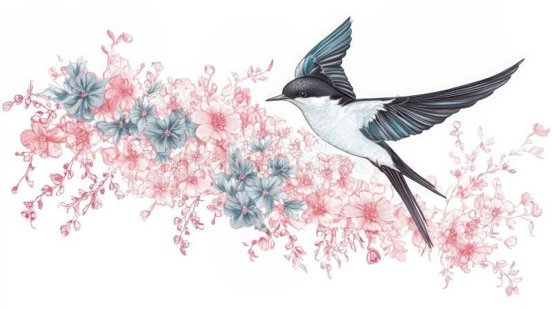 A Decorative Illustration Featuring a Graceful Swallow Bird with an ...