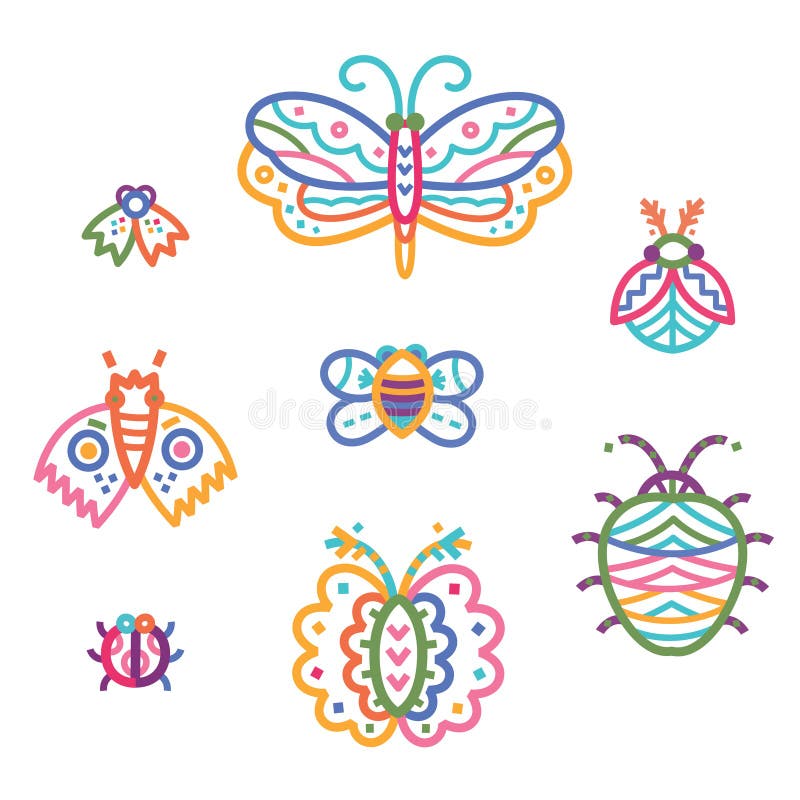 Decorative Insects Colourful Lines Set Stock Vector - Illustration of ...