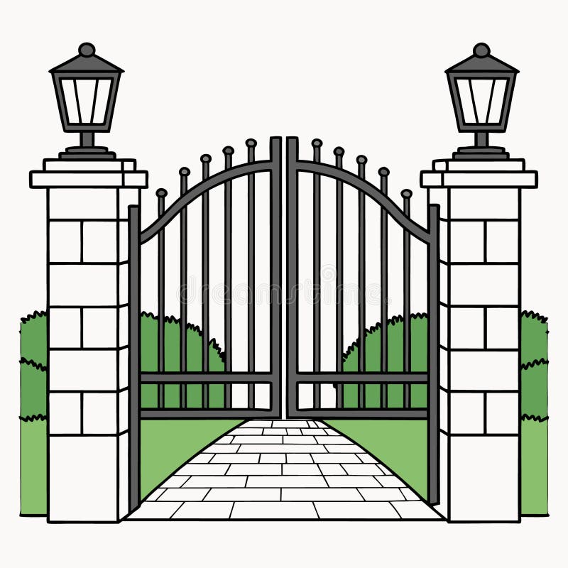 Decorative Iron Gate with Brick Pillars and Stone Path Illustration ...