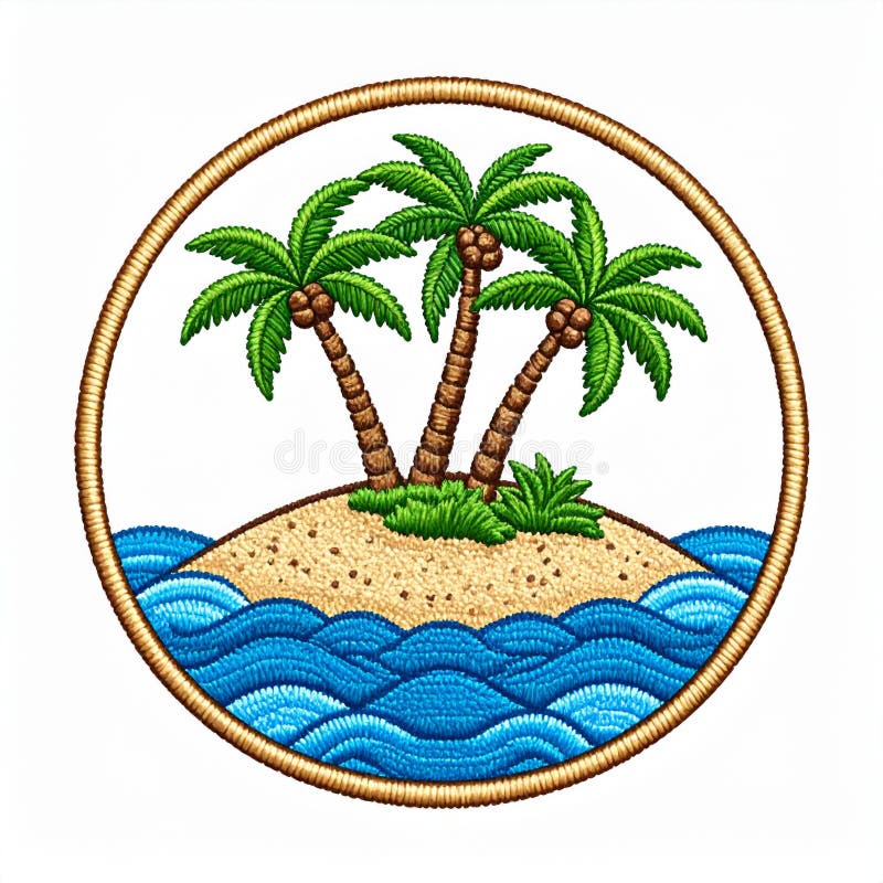 Decorative Island with Palm Trees and Blue Waves in Circular Frame ...