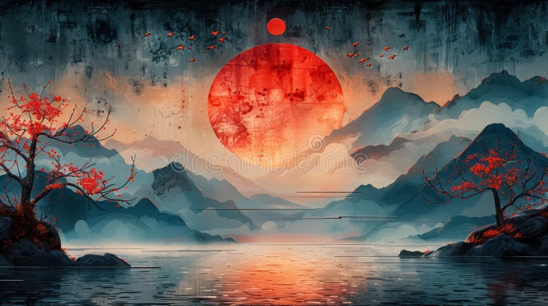 Decorative Japanese Background with Red and Blue Watercolor Textures ...