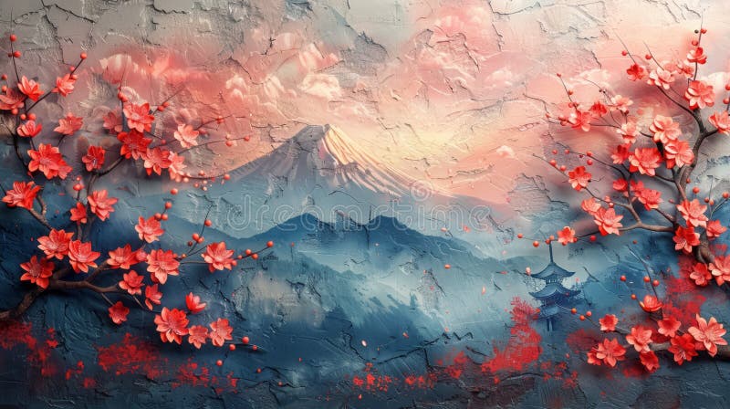 Decorative Japanese Background with Red and Blue Watercolor Textures ...