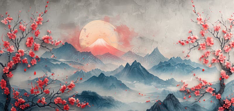 Decorative Japanese Background with Red and Blue Watercolor Textures ...