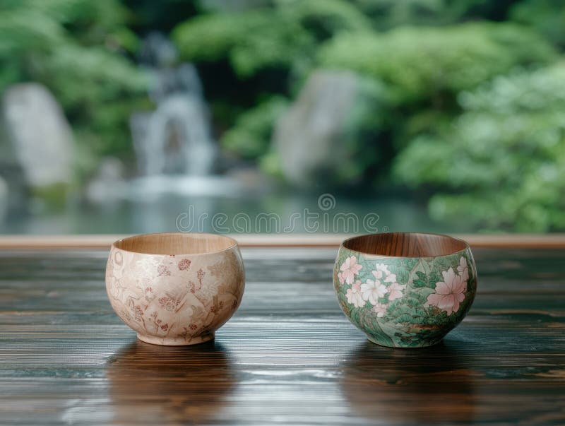 Decorative Japanese Tea Cups in Natural Setting Stock Illustration ...
