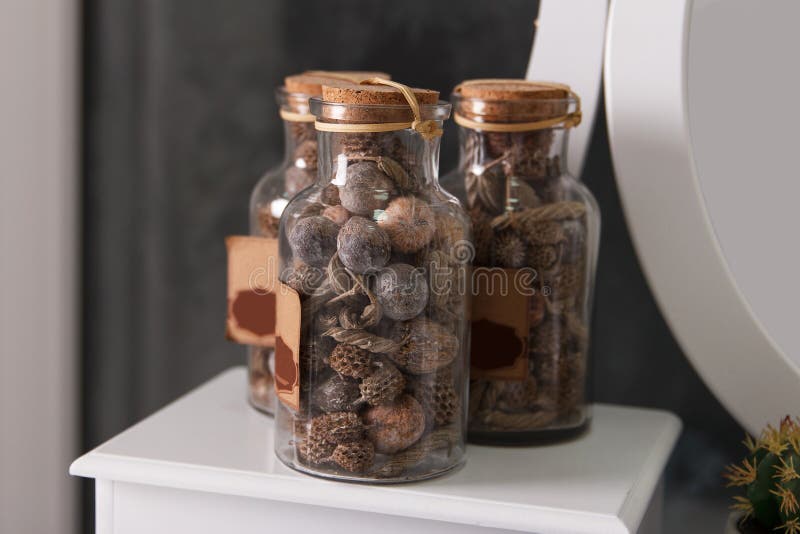 Decorative Jars with Dry Nuts Decorate a Room Interior Stock Photo ...