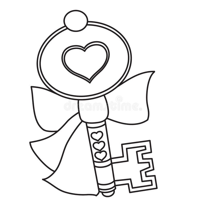 Decorative Key with Bow, Outline Drawing, Isolated Object on a White ...