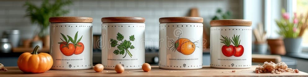 Decorative Kitchen Containers with Vegetable Designs on Wooden ...