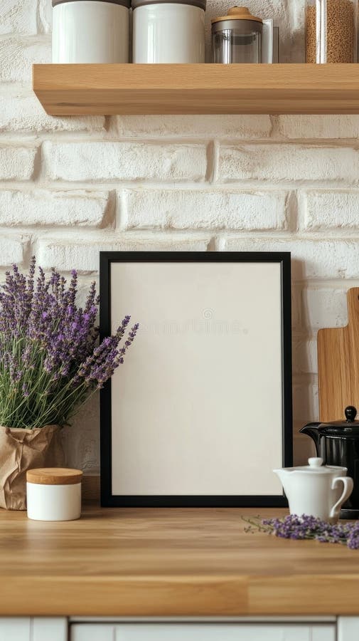 Decorative Kitchen Counter Display with Lavender, Empty Frame, and ...
