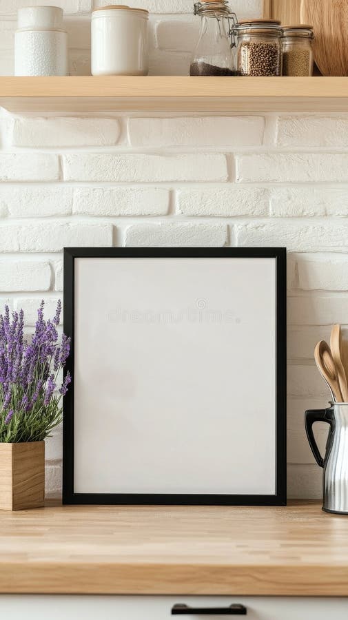 Decorative Kitchen Counter Display with Lavender, Empty Frame, and ...