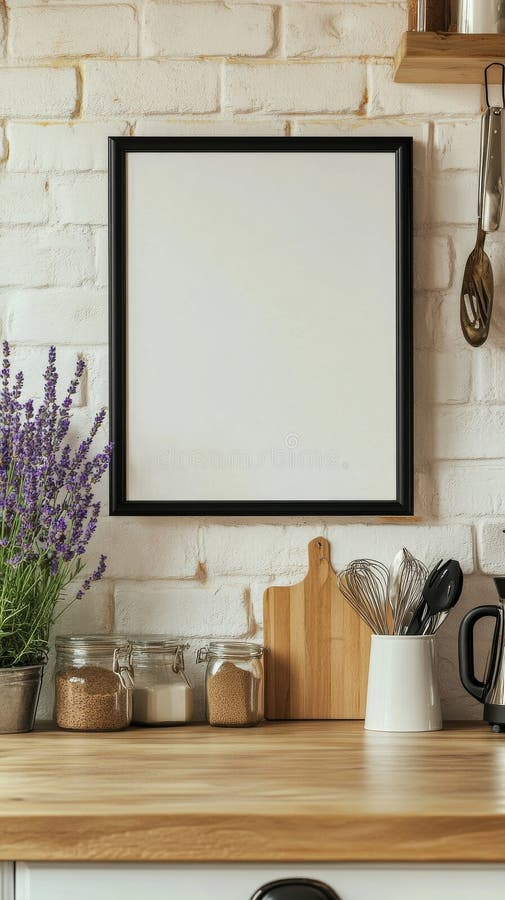 Decorative Kitchen Counter Display with Lavender, Empty Frame, and ...