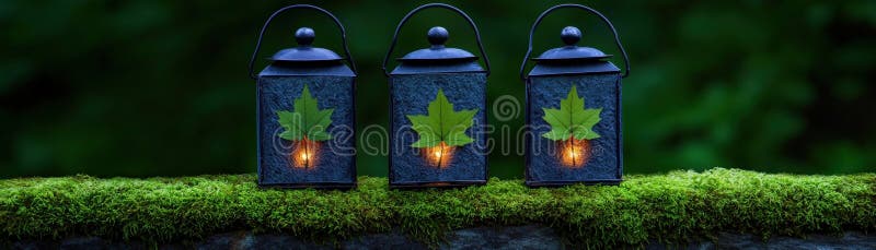 Decorative Lanterns with Leaf Design Illuminated on a Natural Mossy ...