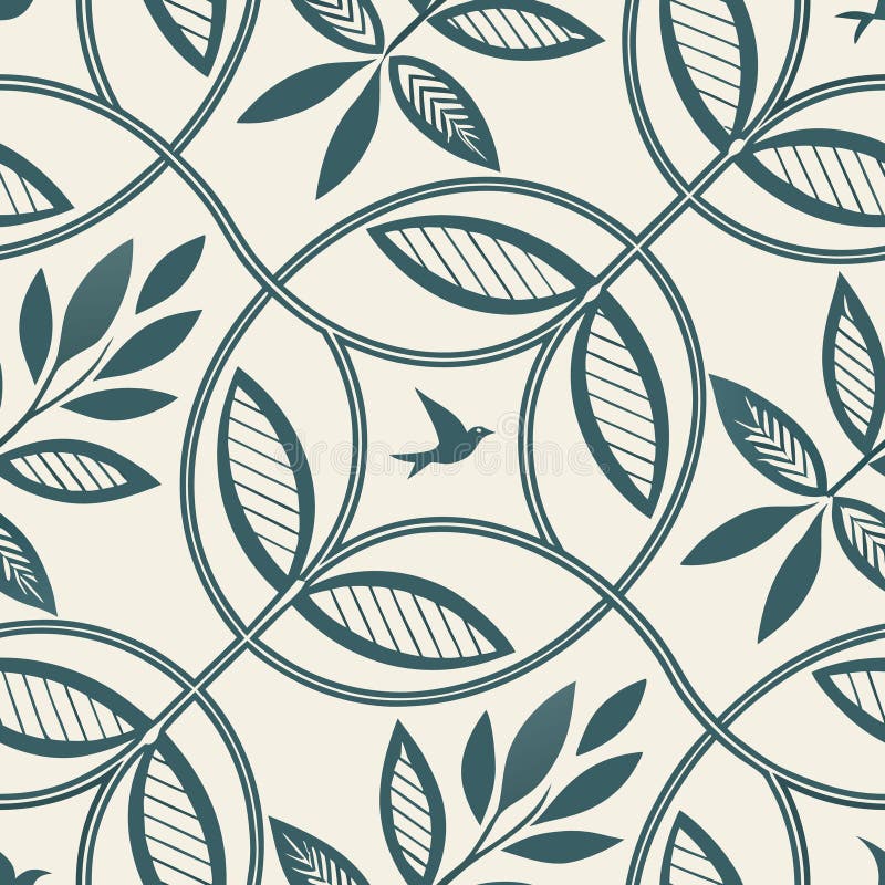 Decorative Leaf and Bird Pattern with Circular Design in Muted Colors ...