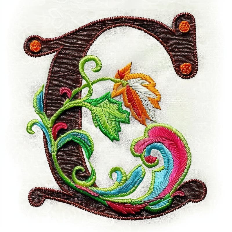 A Decorative Letter C with a Flower and Leaves on it, Embroidery on ...