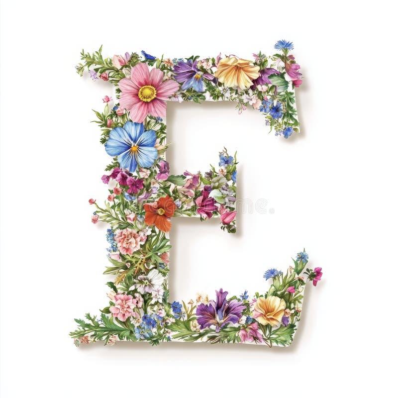 A Decorative Letter "E" Adorned with Various Colorful Flowers Stock ...